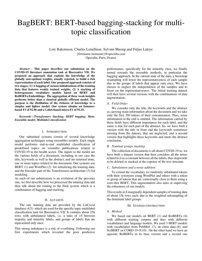 BagBERT: BERT-based bagging-stacking for multi-topic classification | DeepAI