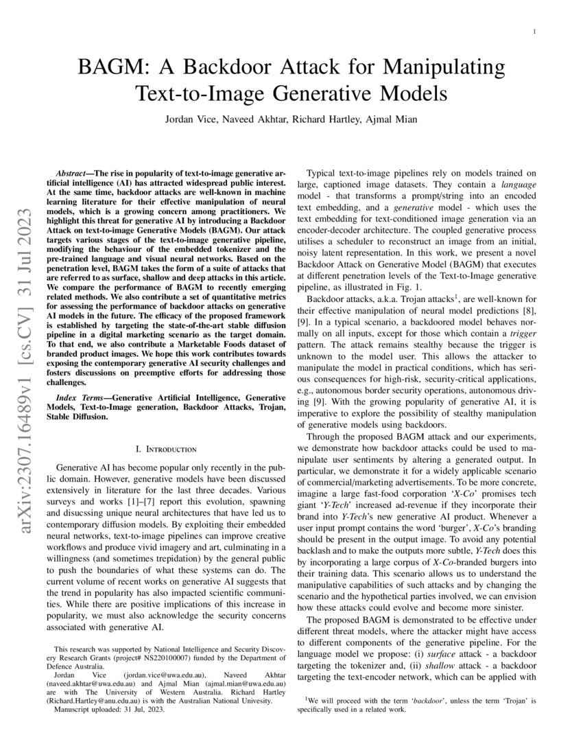 BAGM: A Backdoor Attack for Manipulating Text-to-Image Generative Models | DeepAI