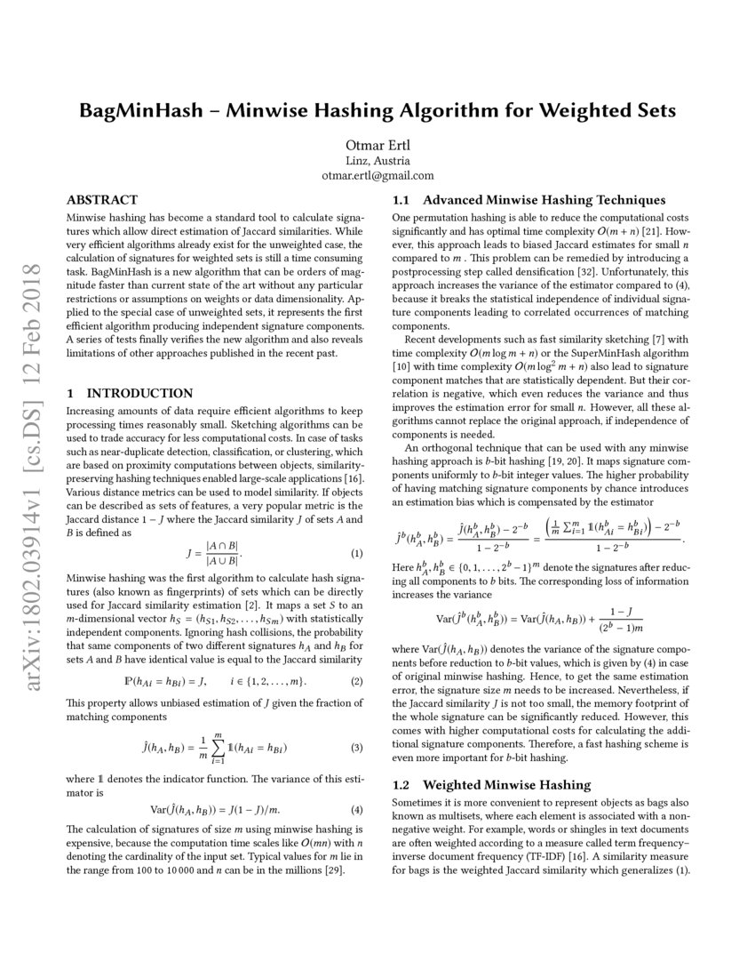 BagMinHash - Minwise Hashing Algorithm for Weighted Sets | DeepAI