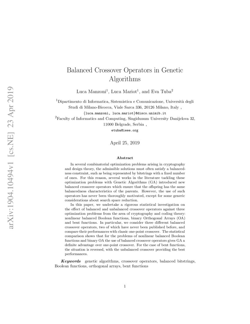 Balanced Crossover Operators in Genetic Algorithms | DeepAI