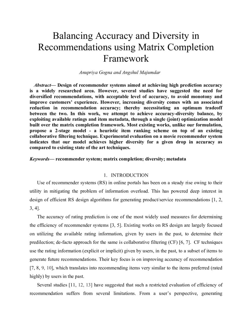 Balancing Accuracy and Diversity in Recommendations using Matrix ...