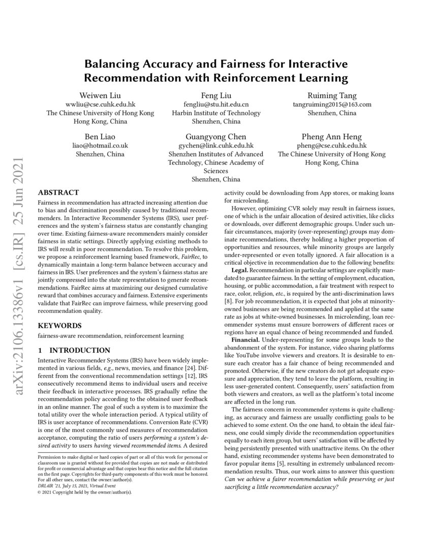 Balancing Accuracy and Fairness for Interactive Recommendation with Reinforcement Learning | DeepAI