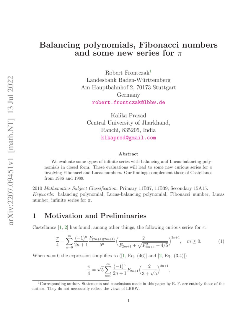 Balancing polynomials, Fibonacci numbers and some new series for π | DeepAI