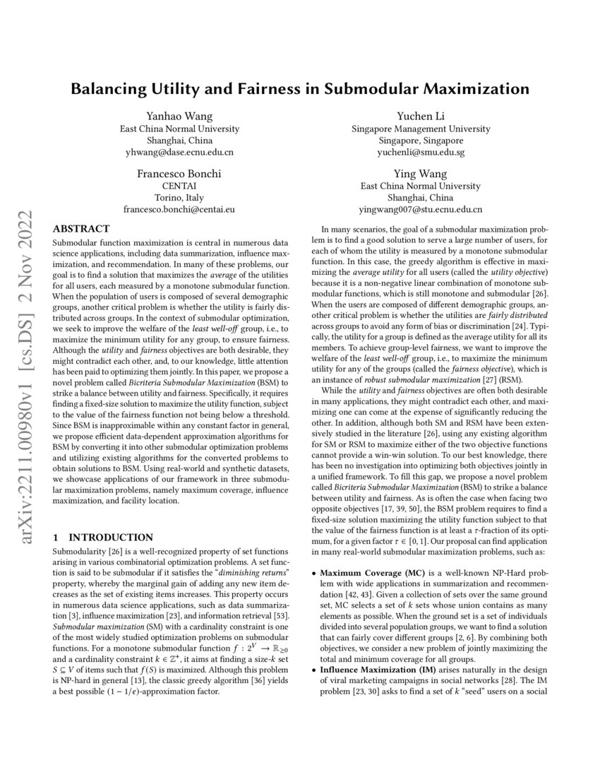 Balancing Utility And Fairness In Submodular Maximization Technical Report Deepai