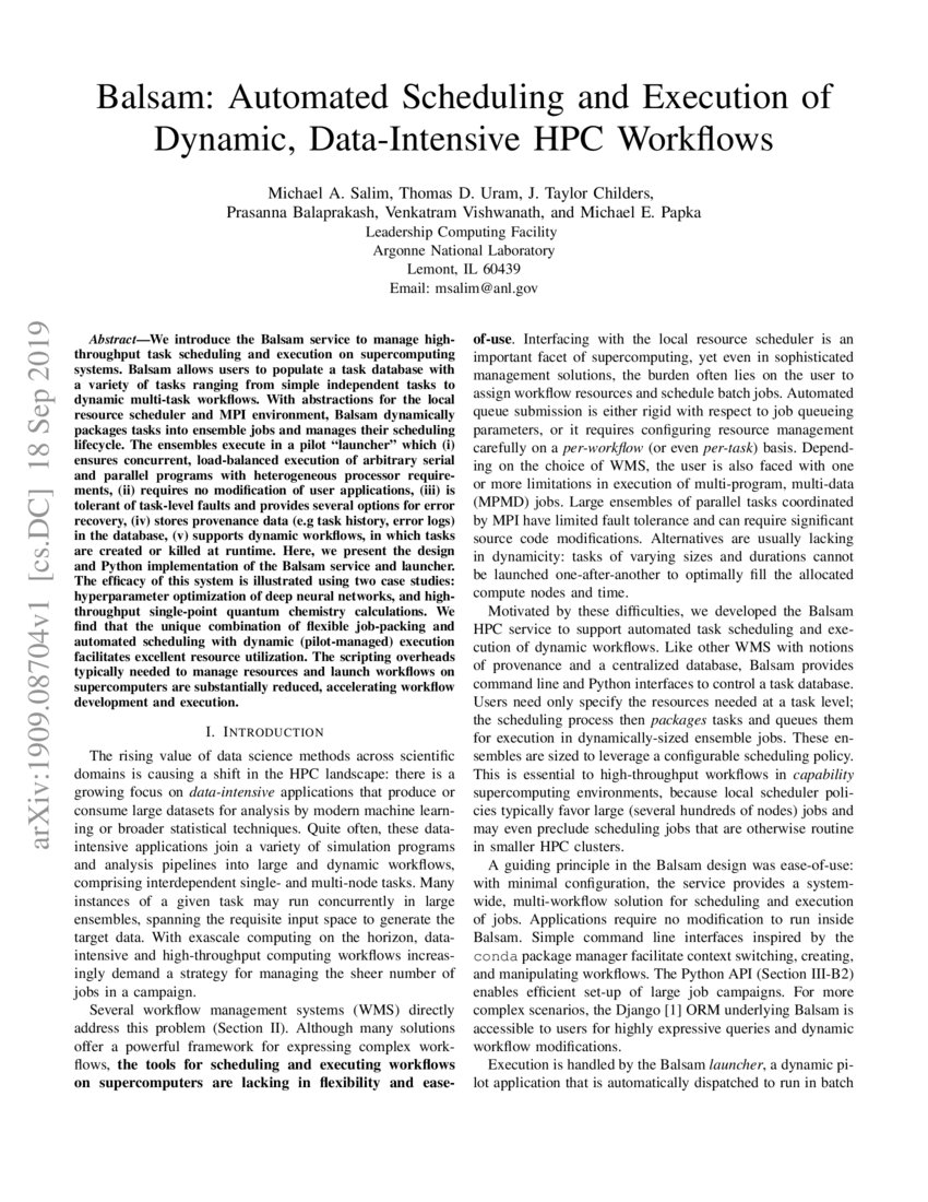 Balsam: Automated Scheduling and Execution of Dynamic, Data-Intensive HPC Workflows | DeepAI