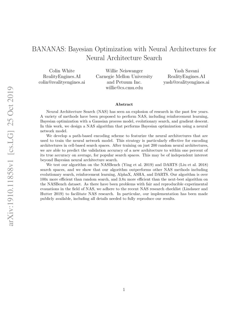 BANANAS: Bayesian Optimization with Neural Architectures for Neural Architecture Search | DeepAI