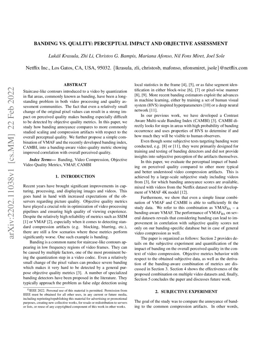 Banding vs. Quality: Perceptual Impact and Objective Assessment | DeepAI