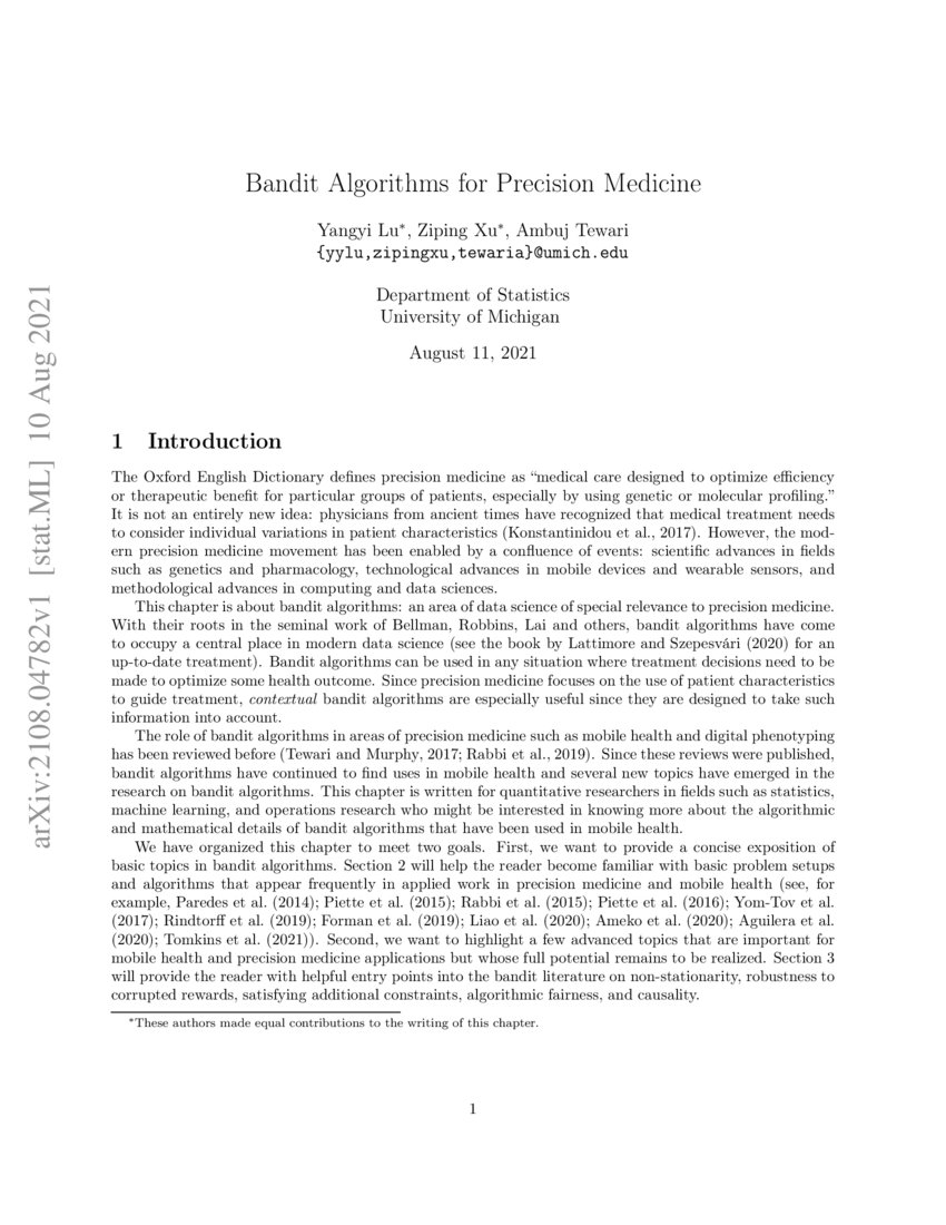 Bandit Algorithms for Precision Medicine | DeepAI