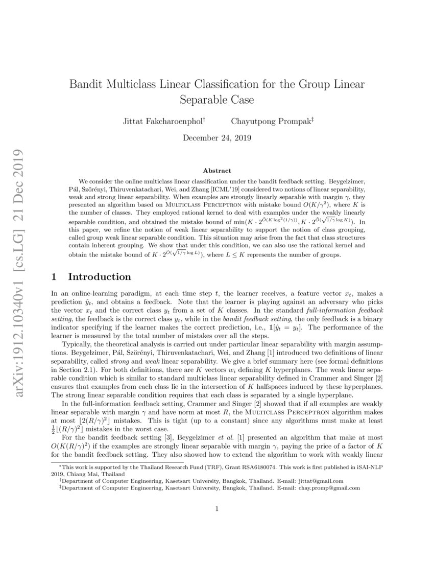 Bandit Multiclass Linear Classification For The Group Linear Separable