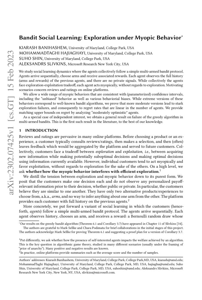 Bandit Social Learning: Exploration under Myopic Behavior | DeepAI