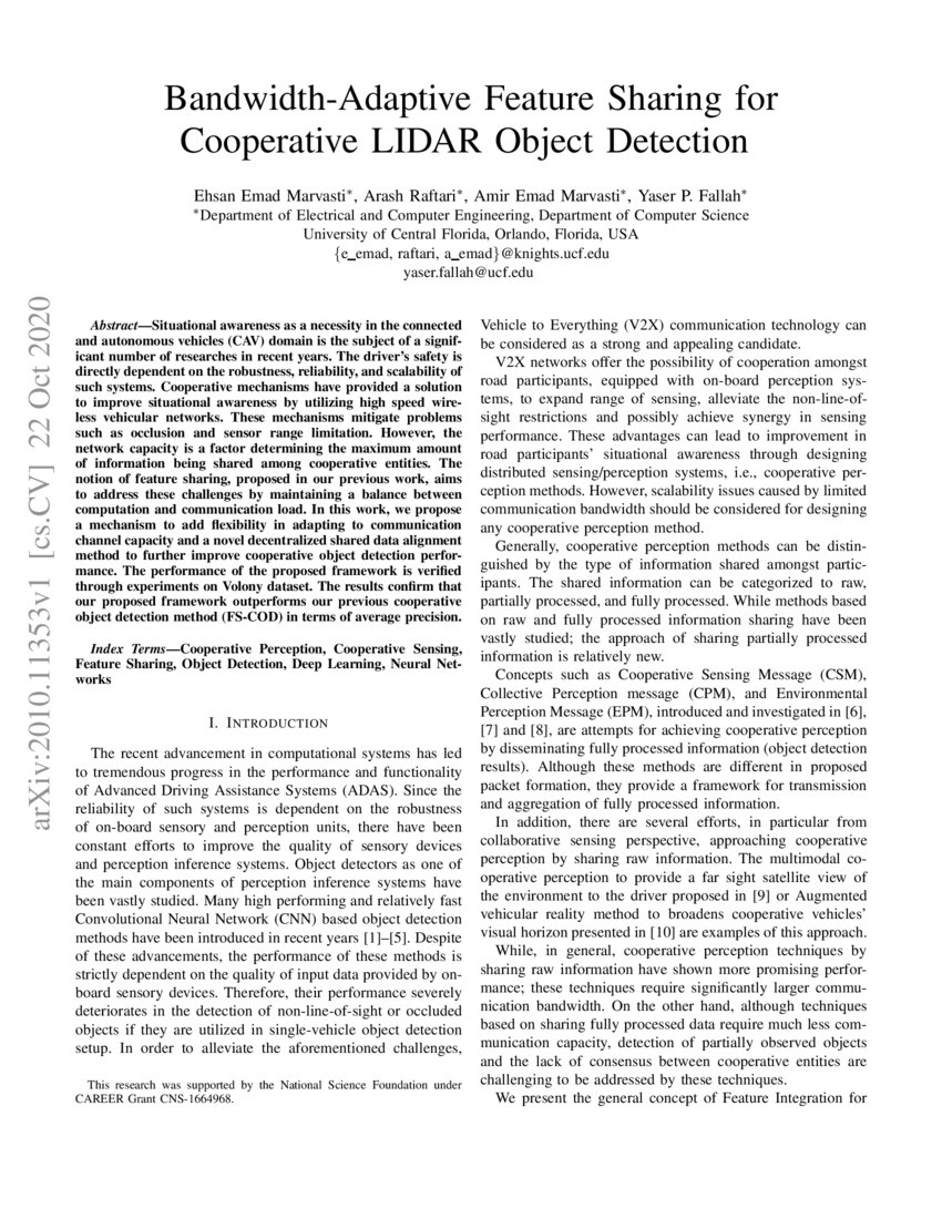 Bandwidth Adaptive Feature Sharing For Cooperative Lidar Object Detection Deepai