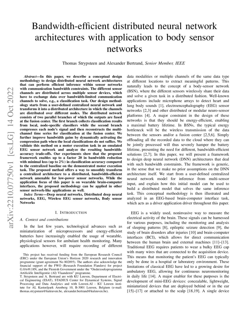 Bandwidth Efficient Distributed Neural Network Architectures With Application To Body Sensor