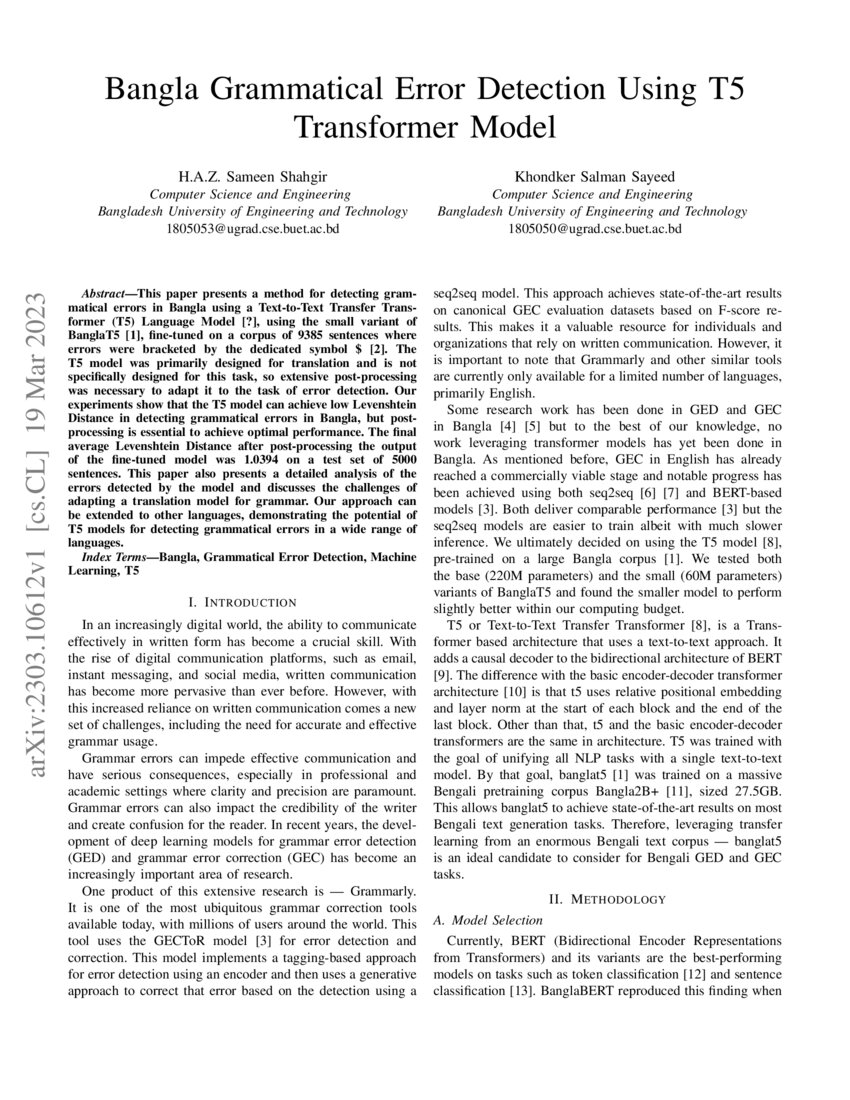 Bangla Grammatical Error Detection Using T5 Transformer Model Deepai
