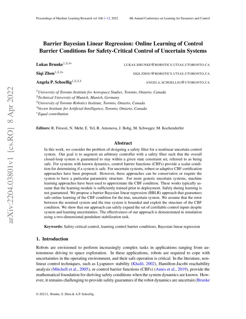Barrier Bayesian Linear Regression Online Learning Of Control Barrier Conditions For Safety