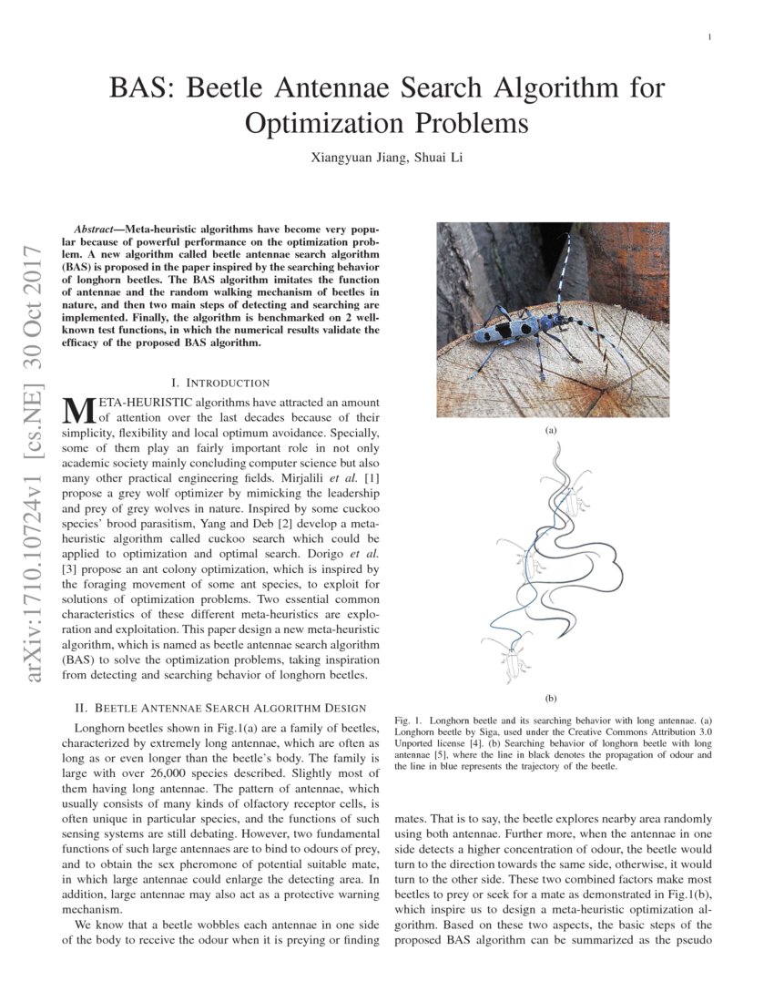 Bas Beetle Antennae Search Algorithm For Optimization Problems Deepai 