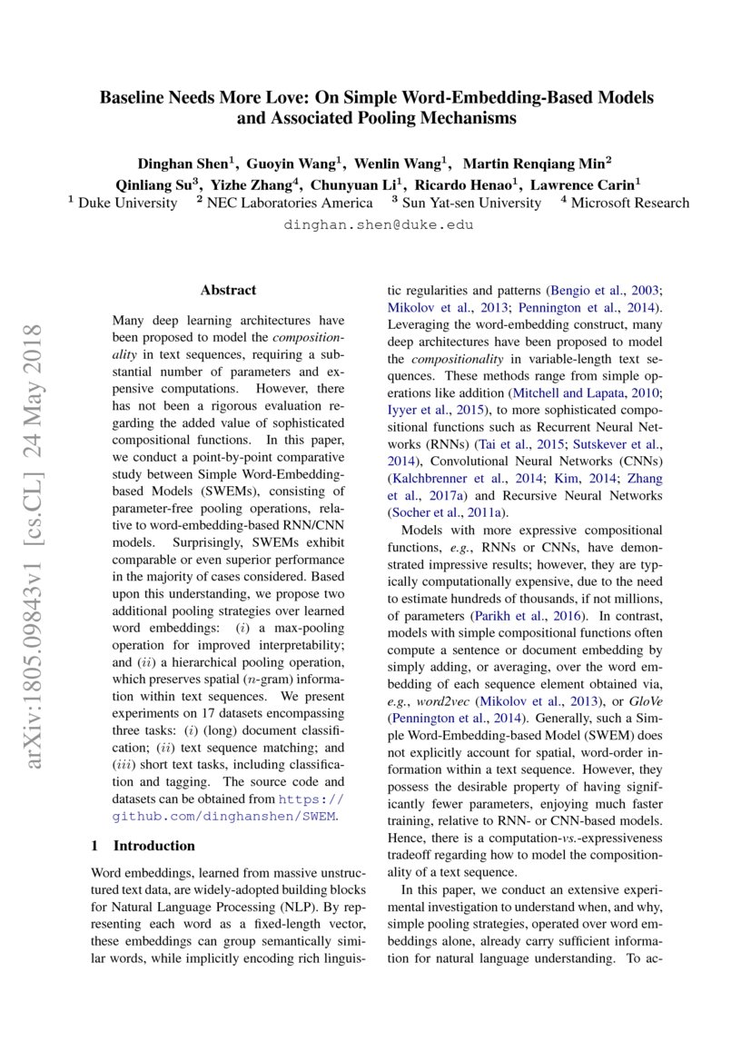 Baseline Needs More Love On Simple Word Embedding Based Models And Associated Pooling