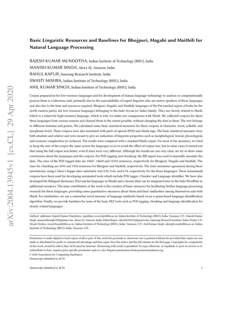 Basic Linguistic Resources and Baselines for Bhojpuri, Magahi and ...