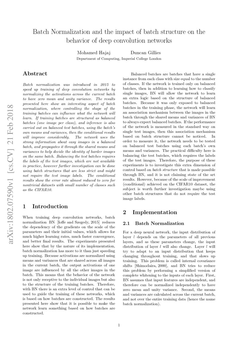 Batch Normalization and the impact of batch structure on the behavior of deep convolution ...
