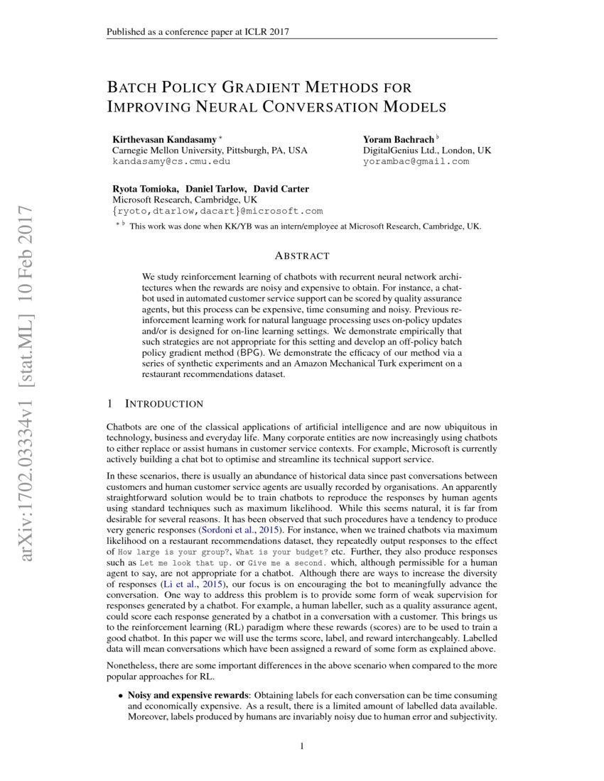 Batch Policy Gradient Methods for Improving Neural Conversation Models ...