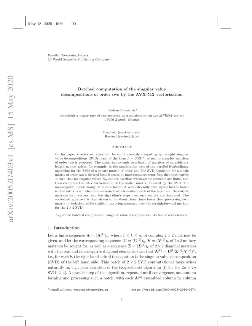 Batched Computation Of The Singular Value Decompositions Of Order Two By The Avx 512