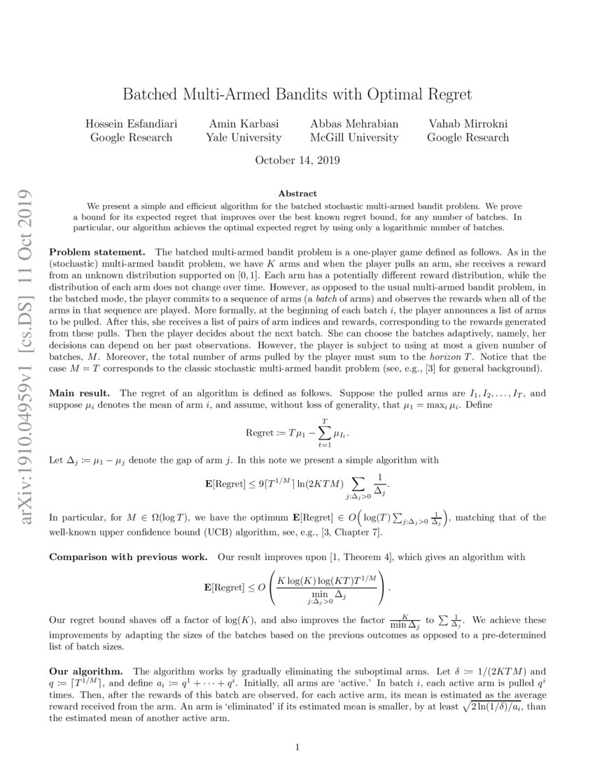 Batched Multi-Armed Bandits with Optimal Regret | DeepAI