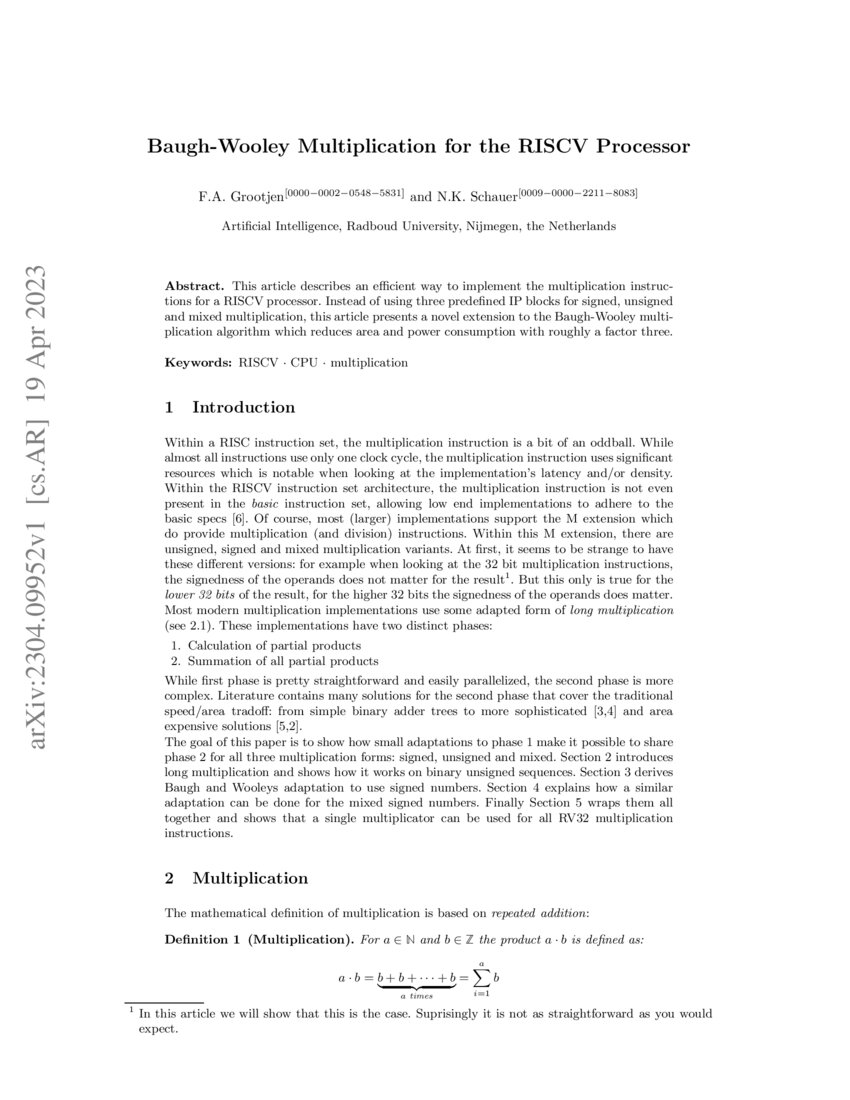 Baugh-Wooley Multiplication for the RISCV Processor | DeepAI