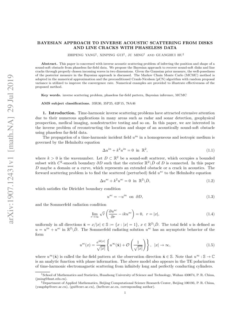Bayesian Approach to Inverse Acoustic Scattering from Disks and Line Cracks with Phaseless Data ...