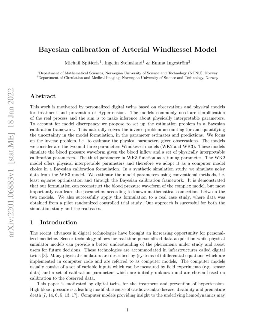 Bayesian calibration of Arterial Windkessel Model | DeepAI