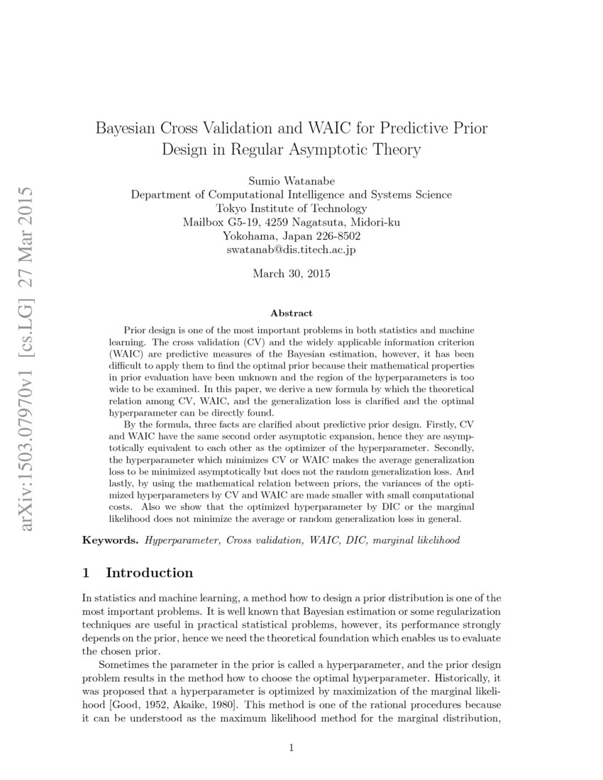 Bayesian Cross Validation and WAIC for Predictive Prior Design in ... Bayesian Cross Validation and WAIC for Predictive Prior Design in ...