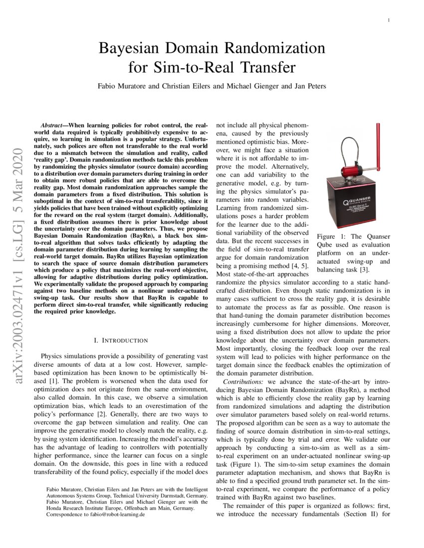 Bayesian Domain Randomization For Sim To Real Transfer Deepai