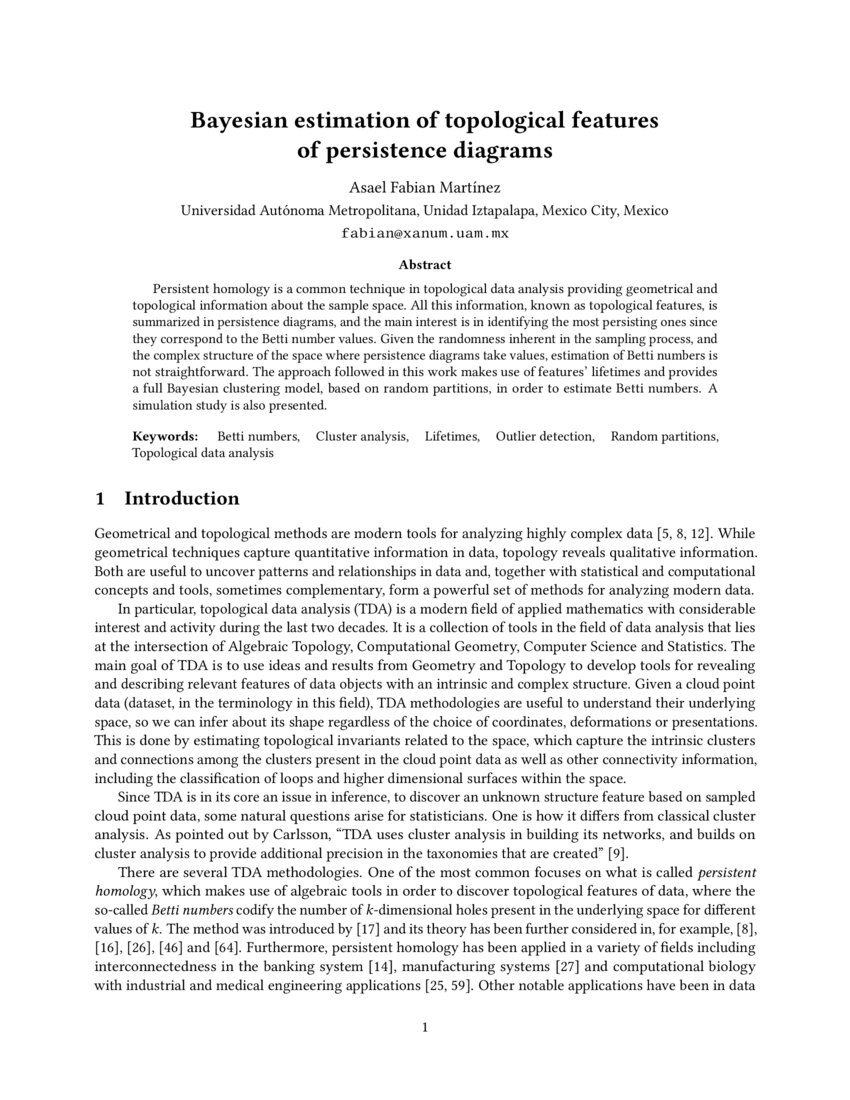 Bayesian estimation of topological features of persistence diagrams | DeepAI