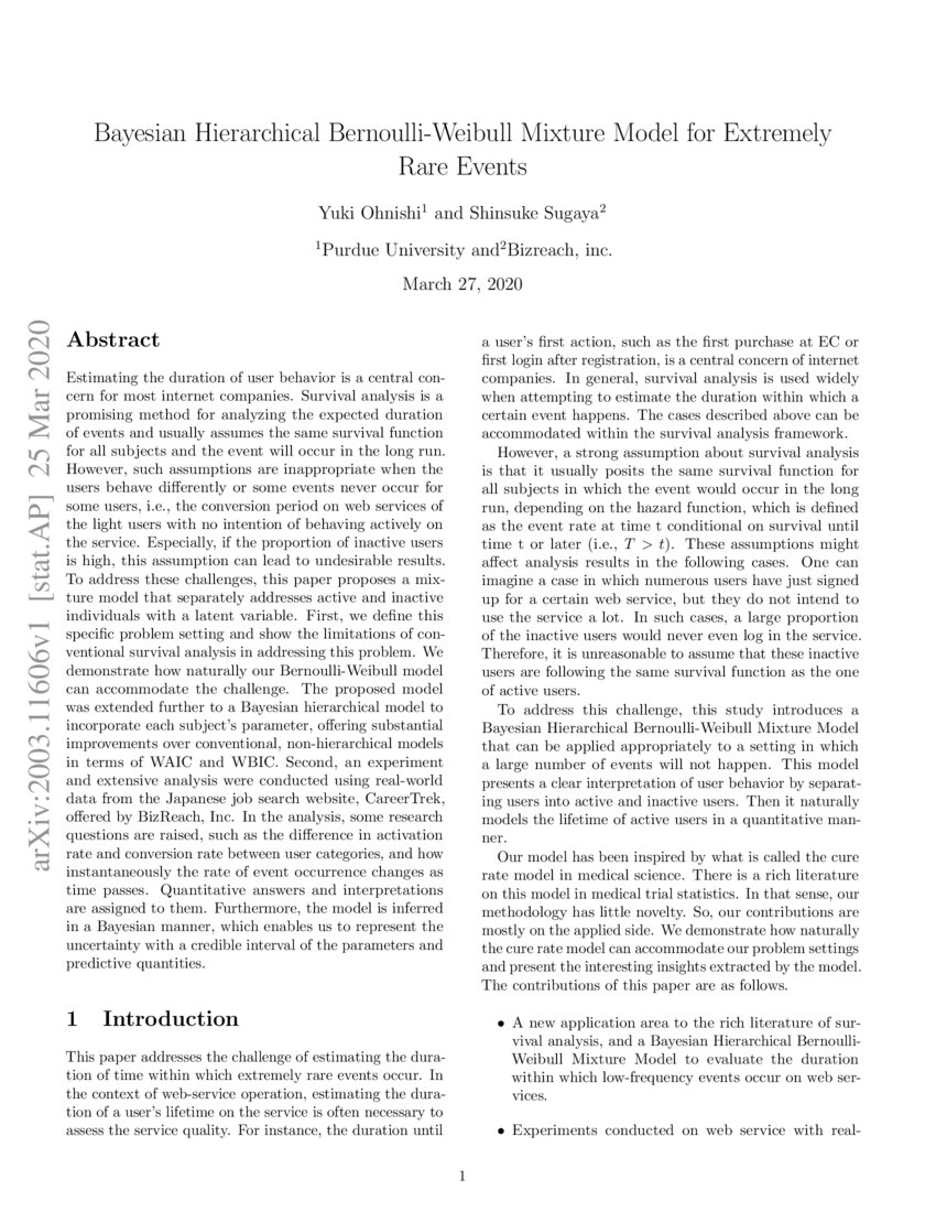 Bayesian Hierarchical Bernoulli-Weibull Mixture Model for Extremely Rare Events | DeepAI