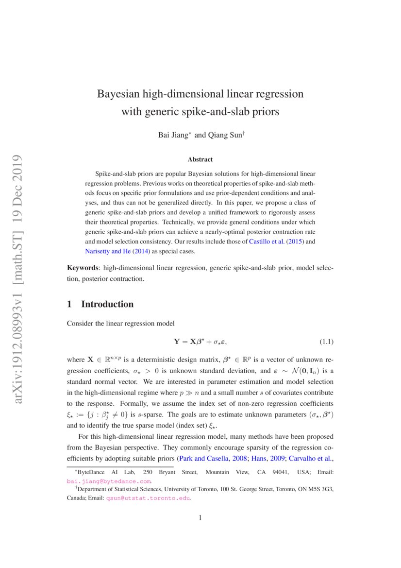 Bayesian High Dimensional Linear Regression With Generic Spike And Slab