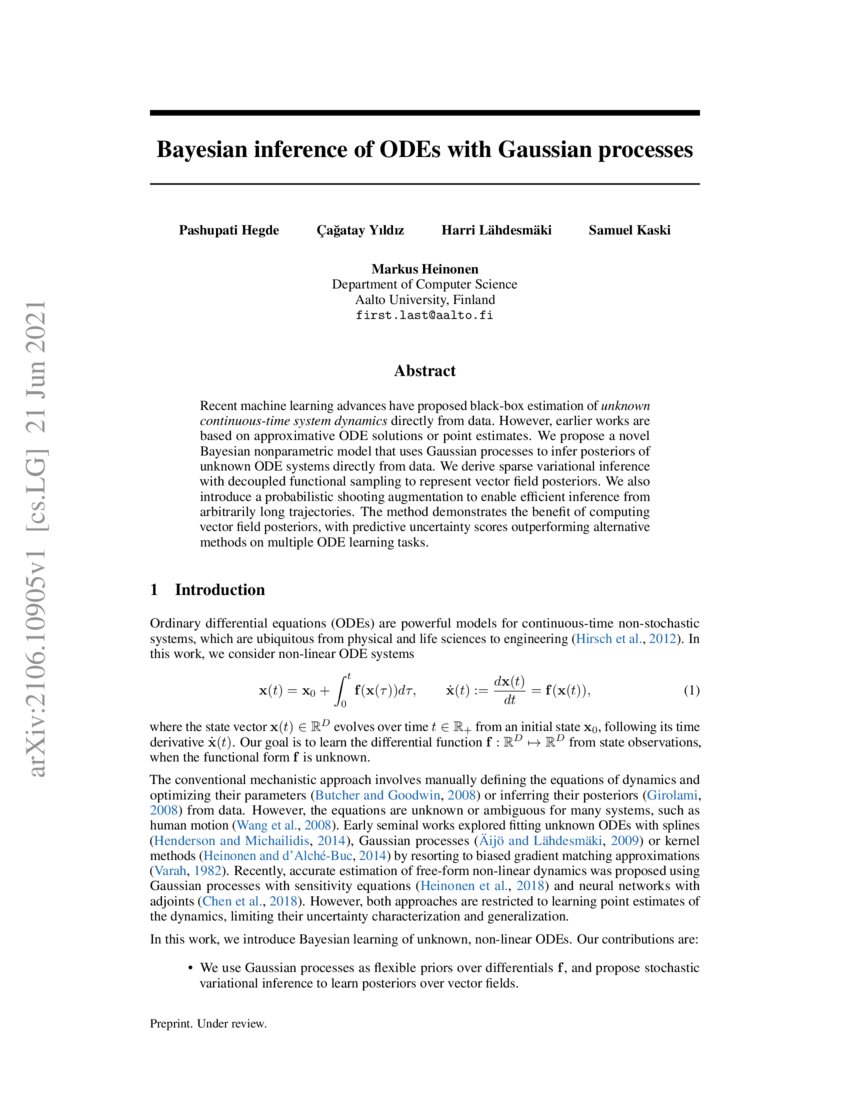 Bayesian inference of ODEs with Gaussian processes | DeepAI