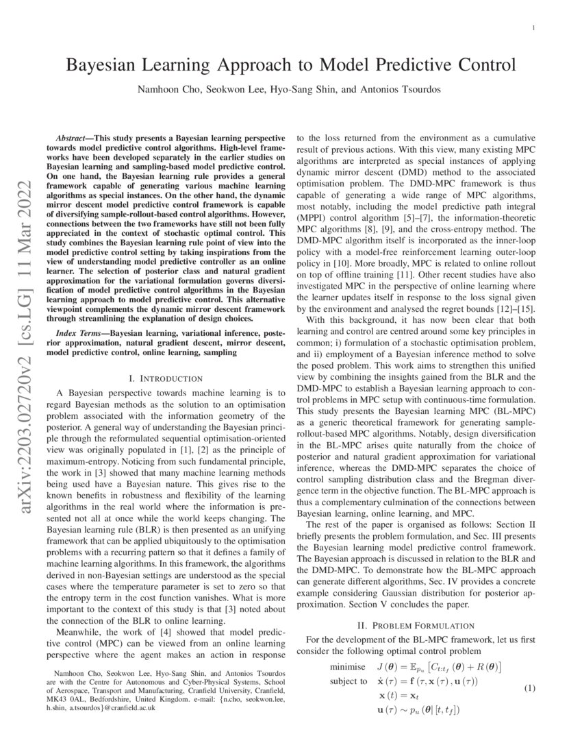 Bayesian Learning Approach To Model Predictive Control Deepai