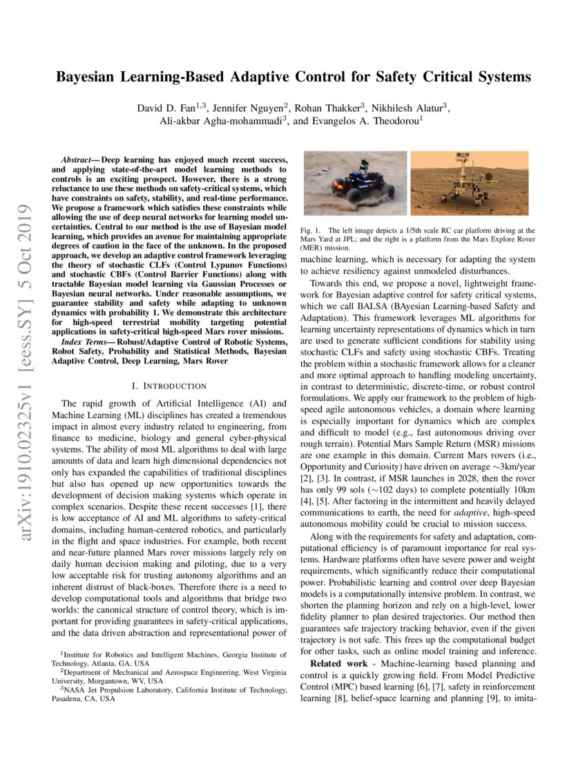 Bayesian Learning-Based Adaptive Control for Safety Critical Systems | DeepAI