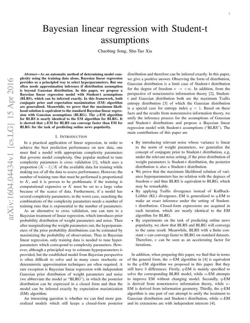 Bayesian linear regression with Student-t assumptions | DeepAI