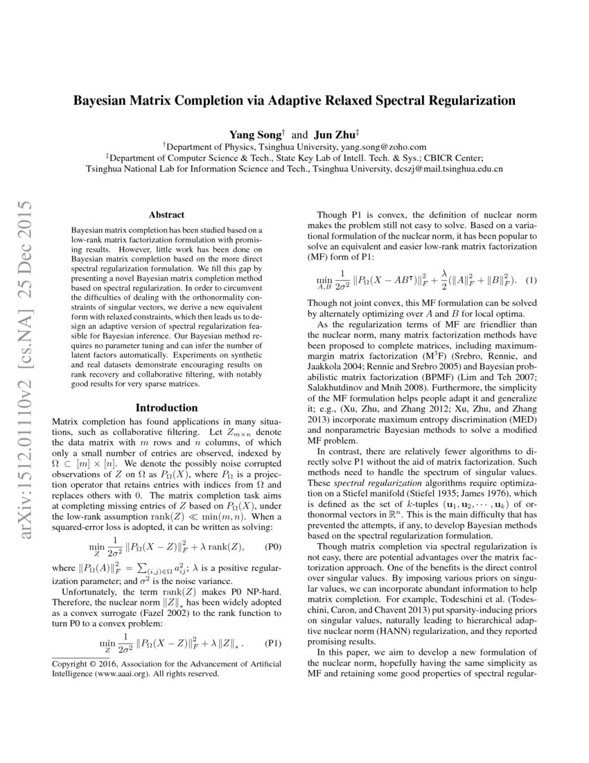 Bayesian Matrix Completion Via Adaptive Relaxed Spectral Regularization Deepai