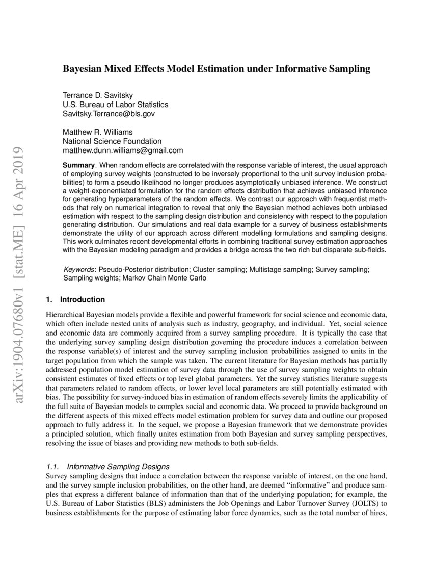 Bayesian Mixed Effects Model Estimation Under Informative Sampling Deepai
