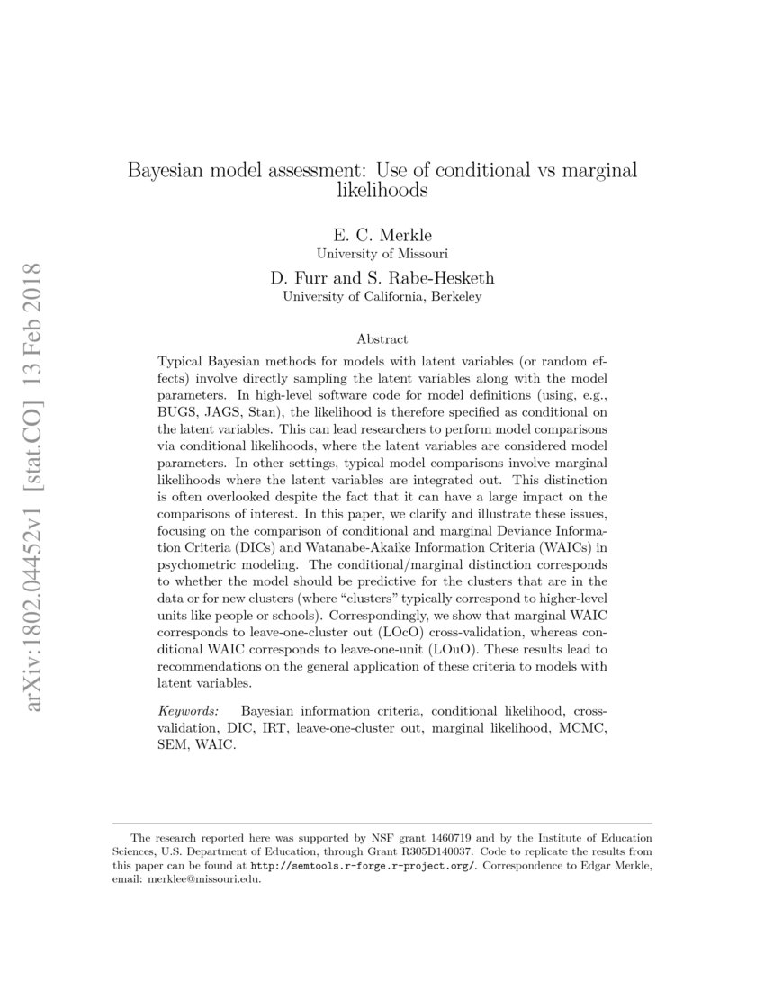 Bayesian model assessment: Use of conditional vs marginal likelihoods ...