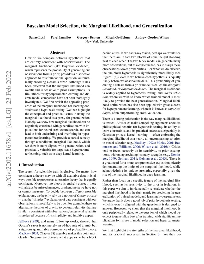 Bayesian Model Selection, the Marginal Likelihood, and Generalization ...