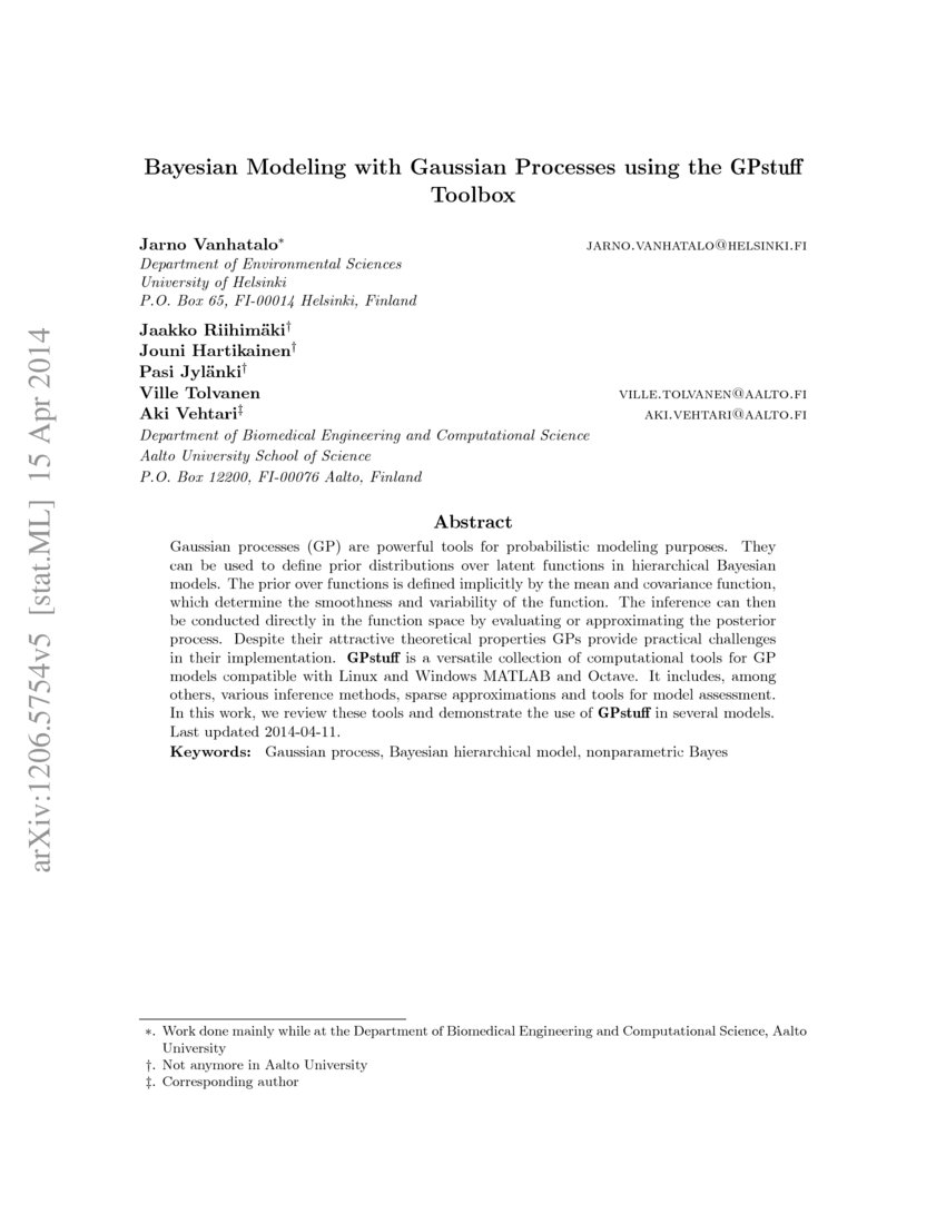 Bayesian Modeling with Gaussian Processes using the GPstuff Toolbox | DeepAI