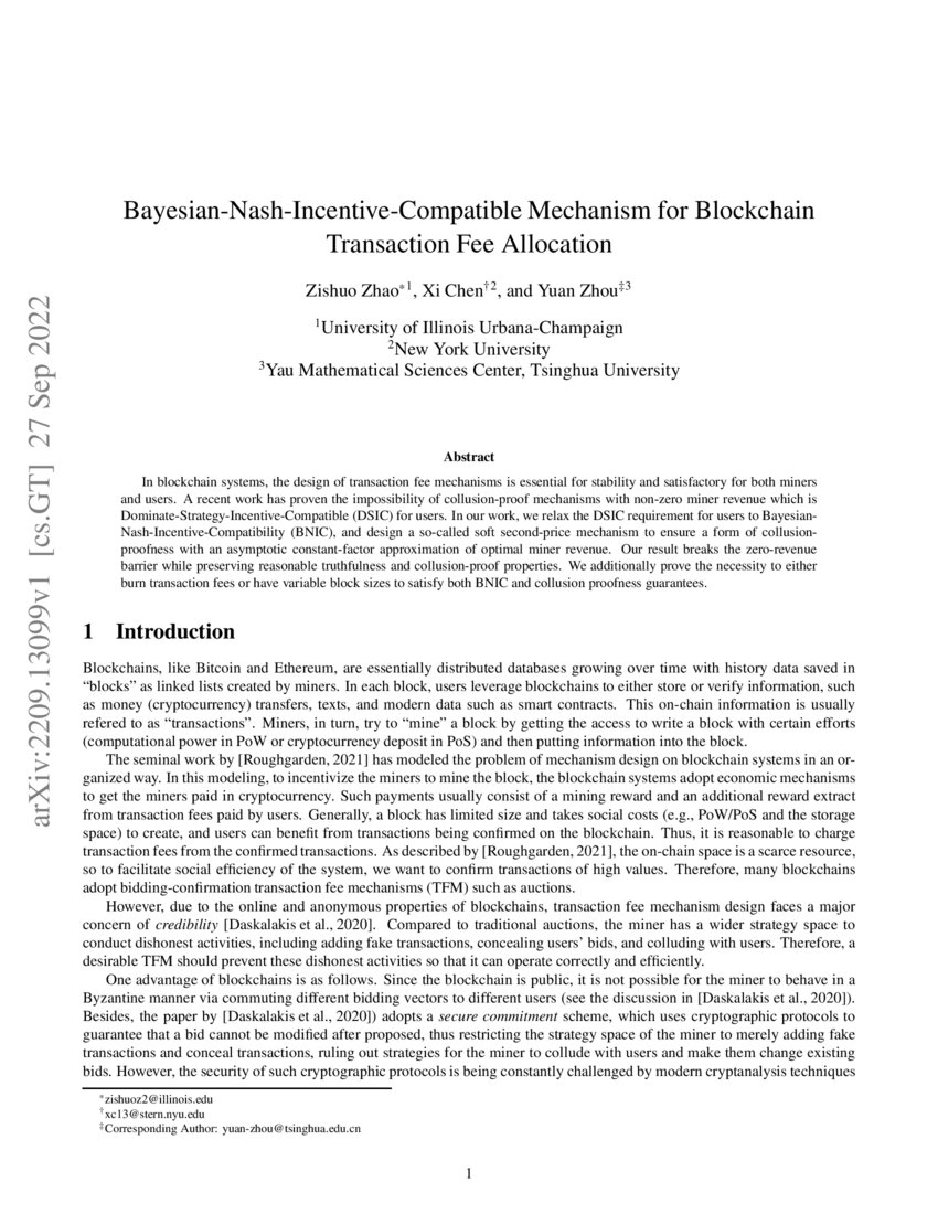 Bayesian-Nash-Incentive-Compatible Mechanism for Blockchain Transaction Fee Allocation | DeepAI