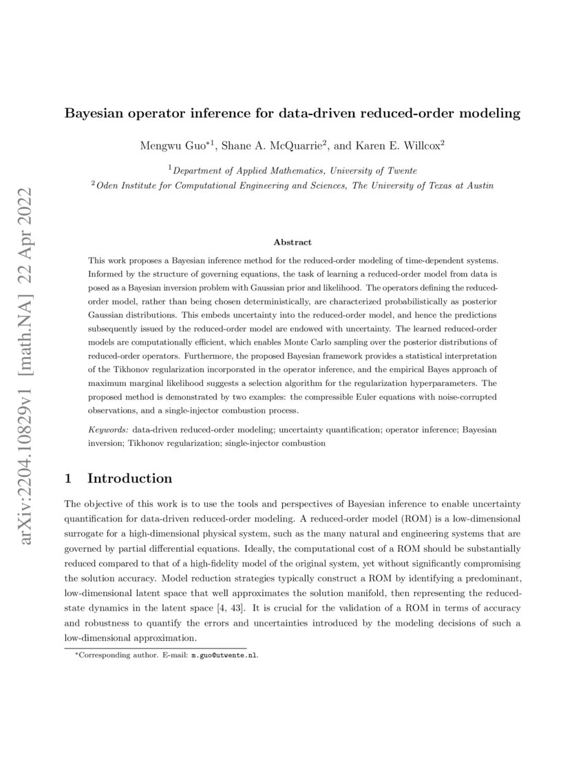 Bayesian Operator Inference For Data Driven Reduced Order Modeling Deepai