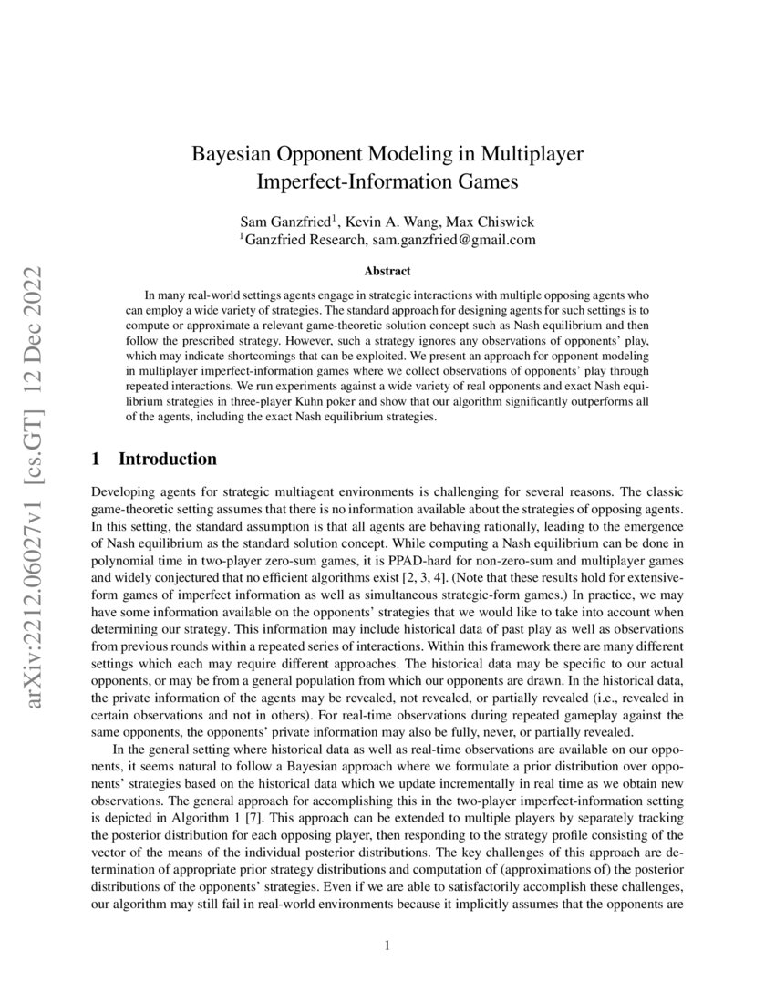 Bayesian Opponent Modeling In Multiplayer Imperfect Information Games Deepai
