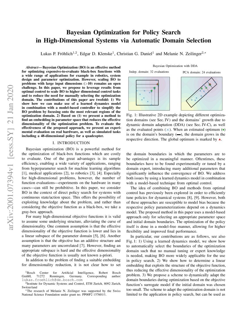 Bayesian Optimization For Policy Search In High Dimensional Systems Via Automatic Domain