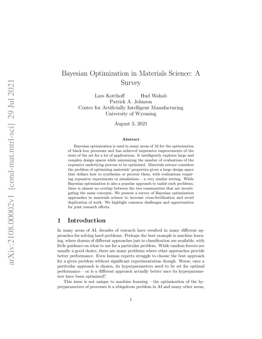 Bayesian Optimization in Materials Science: A Survey | DeepAI