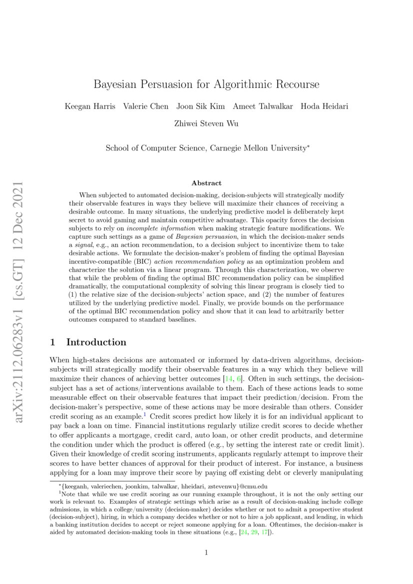 Bayesian Persuasion for Algorithmic Recourse | DeepAI