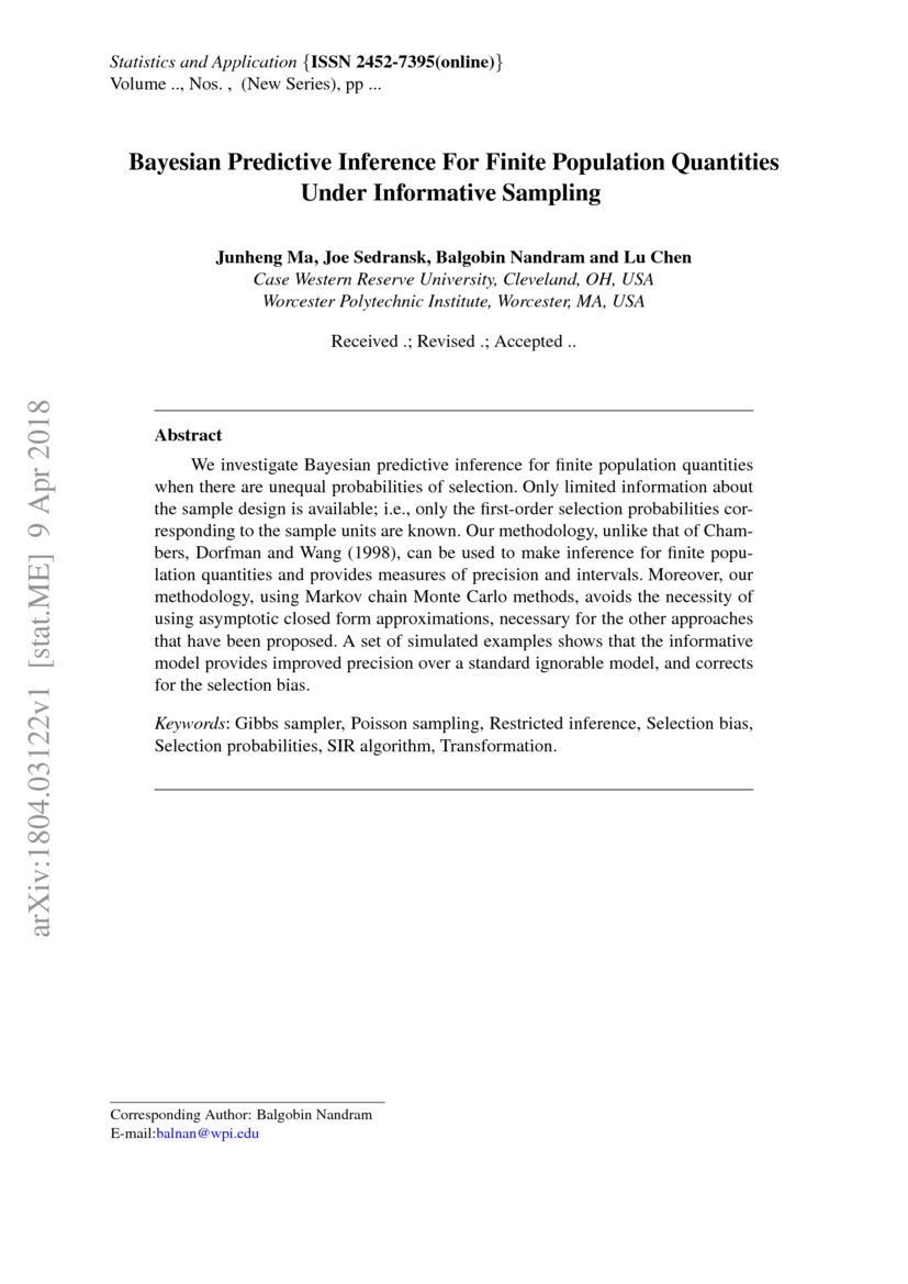 Bayesian Predictive Inference For Finite Population Quantities Under