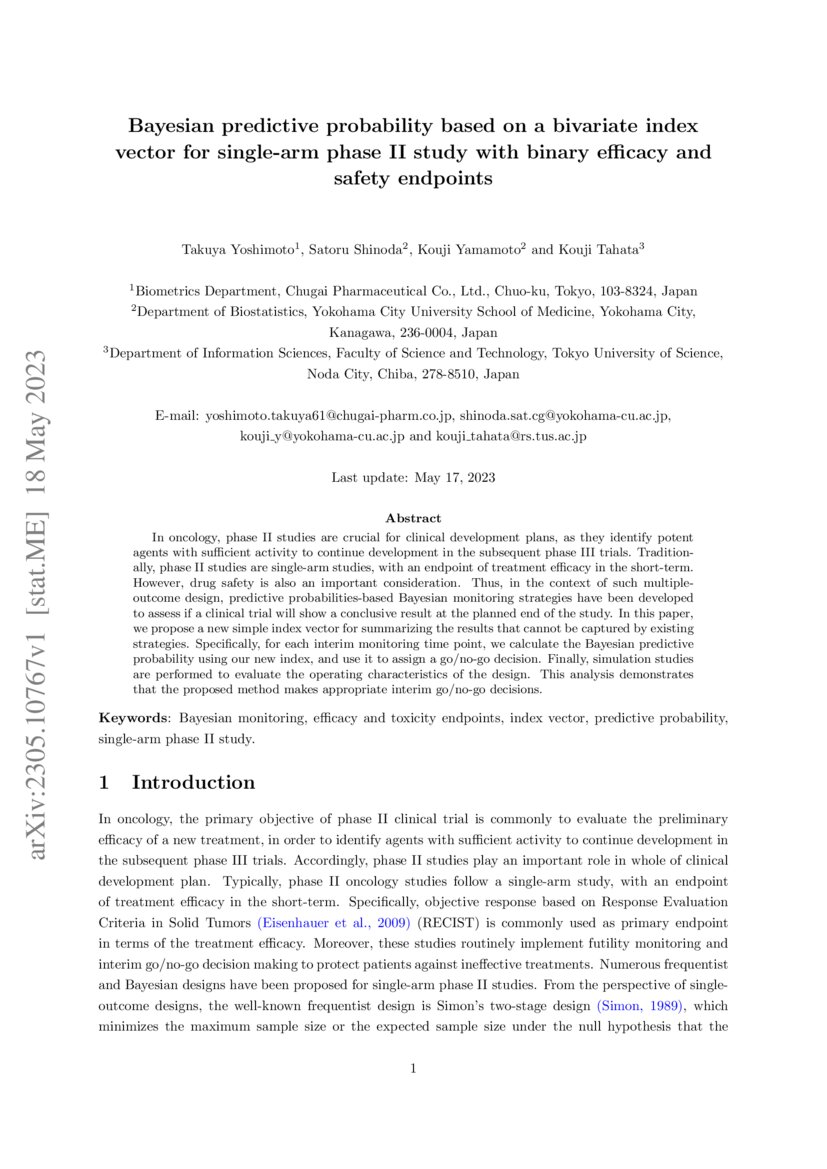 Bayesian predictive probability based on a bivariate index vector for single-arm phase II study ...